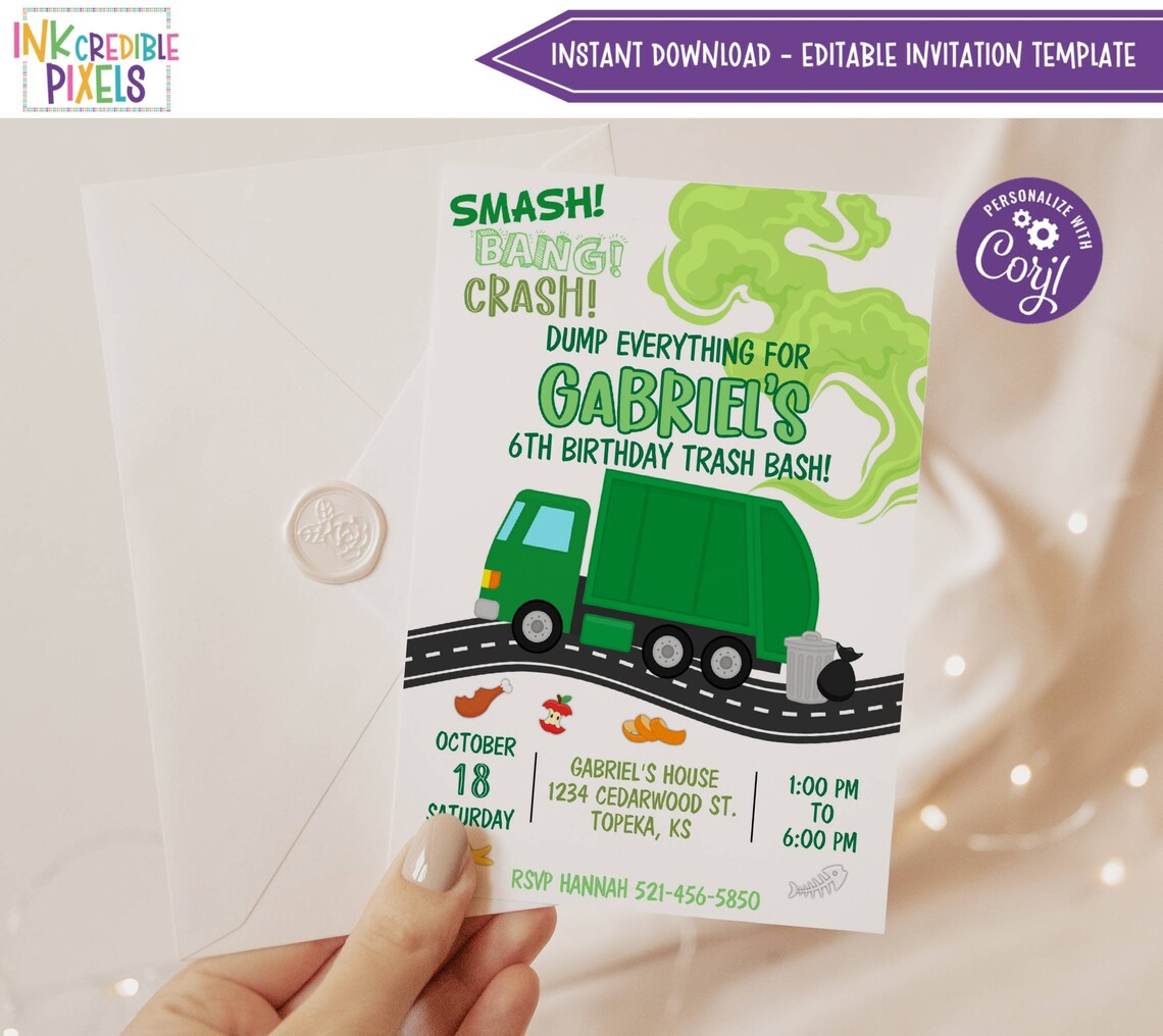 Printable Garbage Truck Invitation, Garbage Birthday Invitation, Trash ...