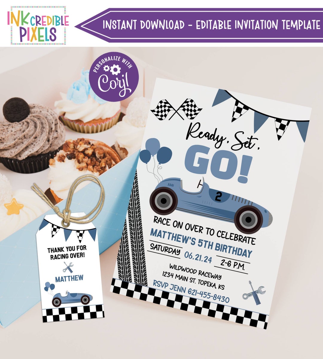 Printable Blue Race Car Birthday Invitation, Race Car Invitation ...