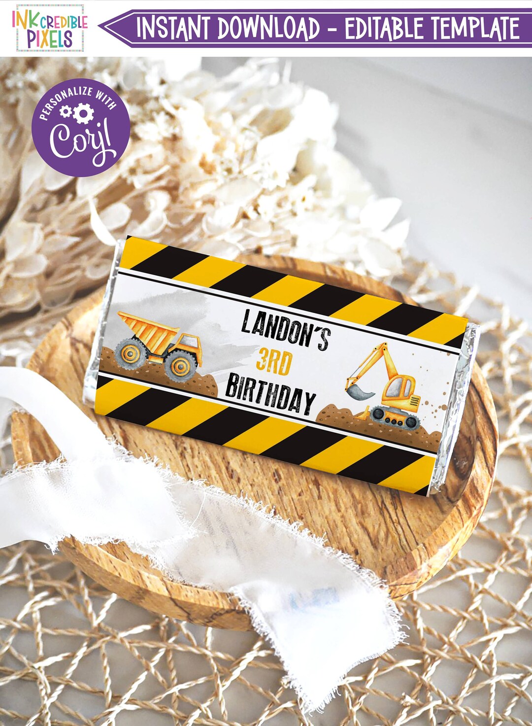 Printable Construction Candy Bar Wrapper, Dump Truck Chocolate Bar ...