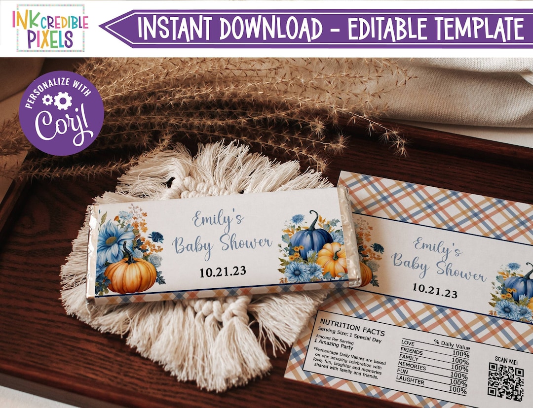 Editable Pumpkin Candy Bar Wrapper, Pumpkin Baby Shower Chocolate Bar ...