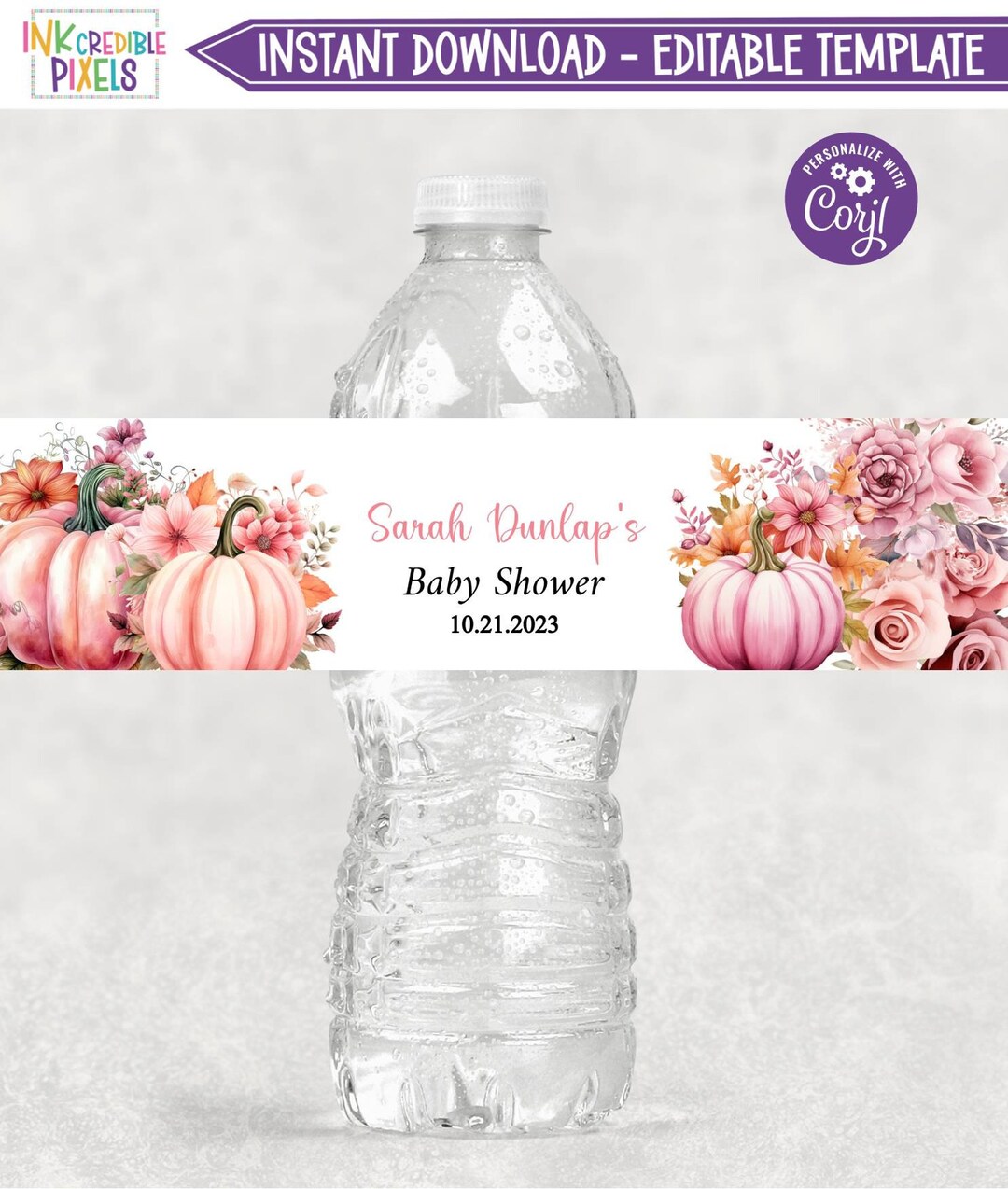 Editable Pink Pumpkin Water Bottle Label, Pumpkin Baby Shower Water ...