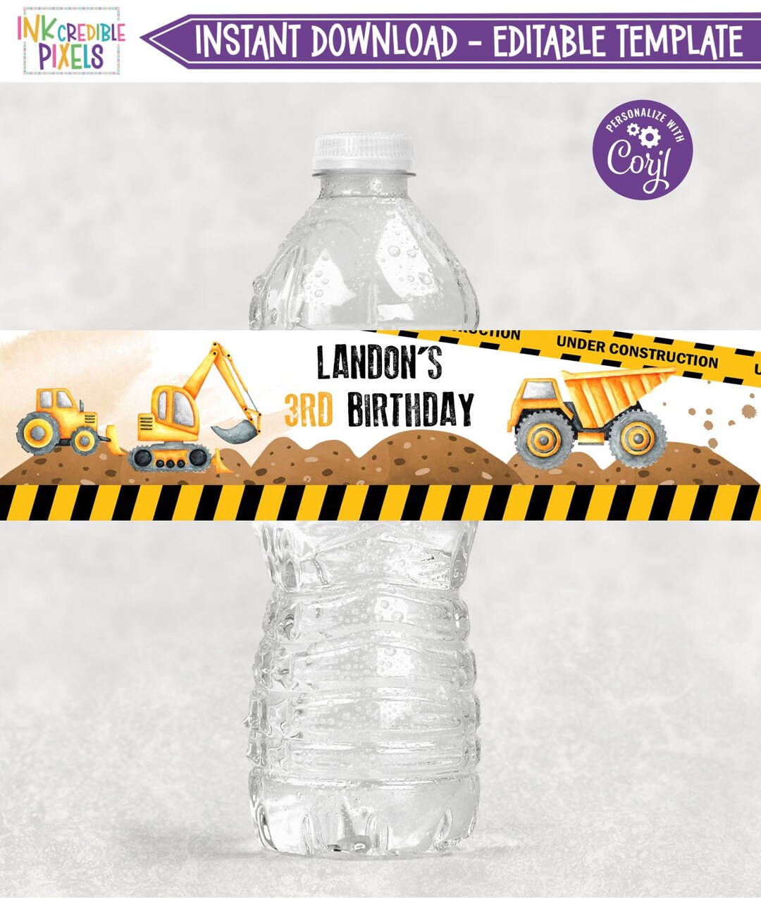 Editable Construction Water Bottle Label, Dump Truck Water Bottle Label ...