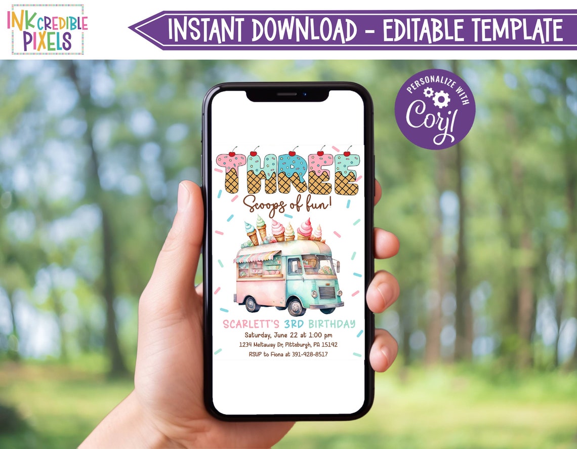 Printable Ice Cream THREE Scoops of Fun Birthday Party Invitation ...