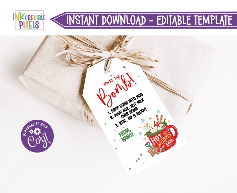 Printable Christmas Hot Chocolate Gift Tag, Cocoa Favor Tag, Hot Cocoa ...