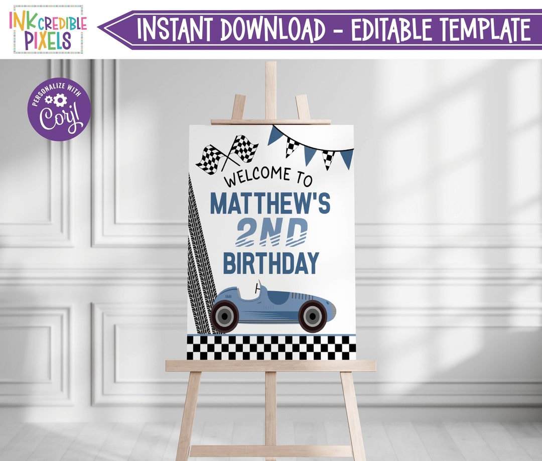Printable Two Fast Birthday Welcome Sign, Blue Race Car Birthday ...