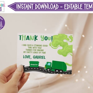 Printable Garbage Truck Thank You Card, Garbage Trash Bash Birthday ...