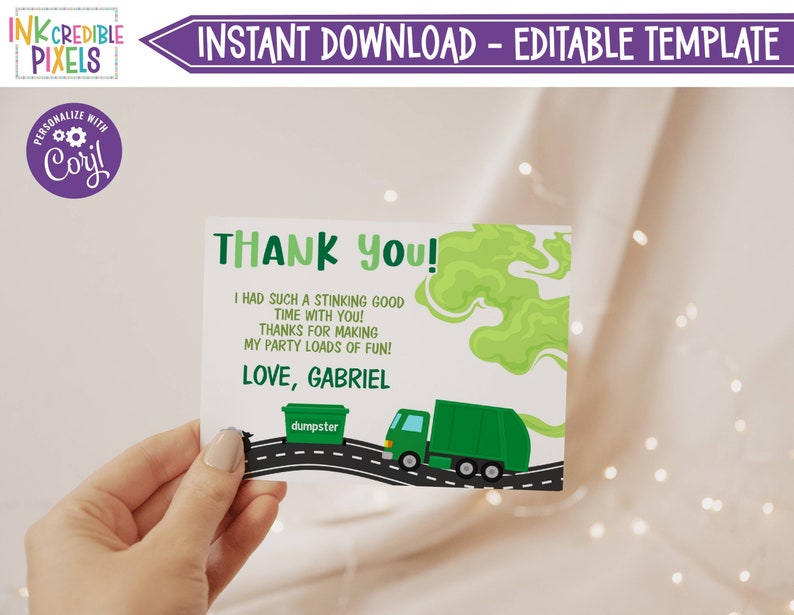 Printable Garbage Truck Thank You Card, Garbage Trash Bash Birthday ...