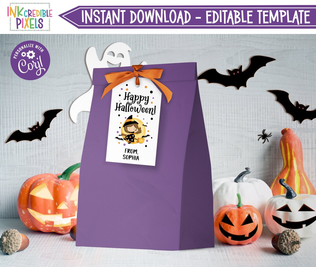Editable Halloween Party Favor Tag, Halloween Treat Tag, Brunette Witch ...