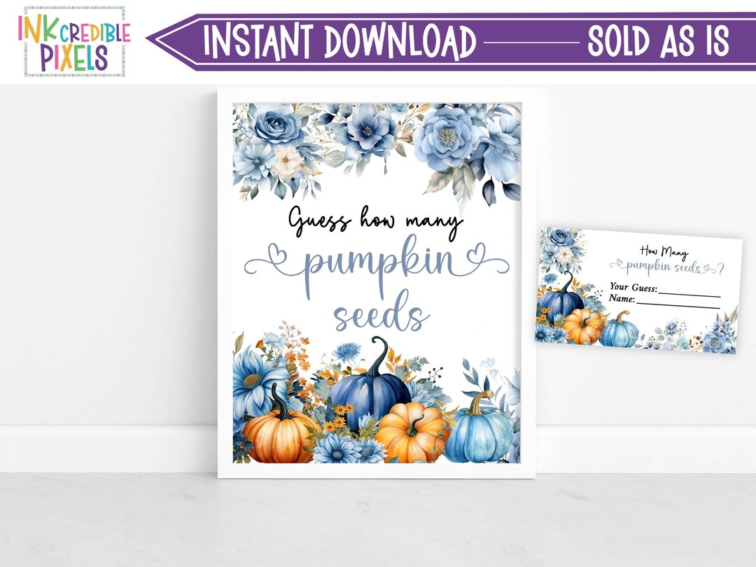 Printable Blue Pumpkin Baby Shower Game, Guess How Many Pumpkin Seeds ...