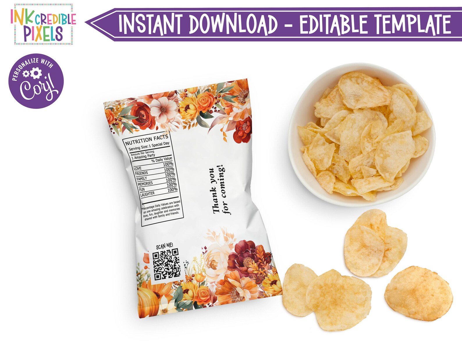 Editable Pumpkin Chip Bag Wrapper, Pumpkin Baby Shower Chip Bag Wrapper ...