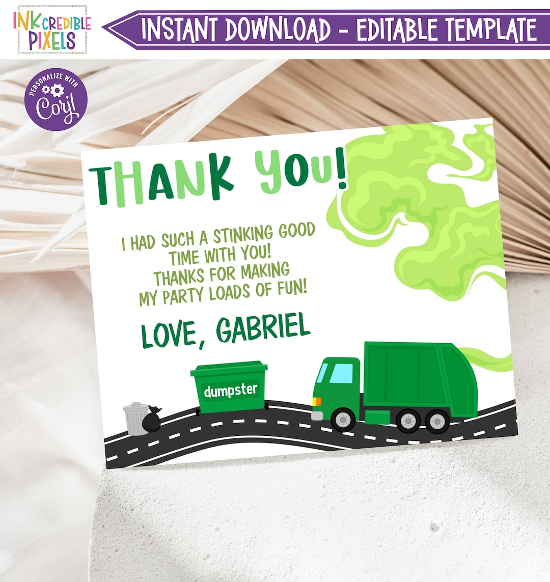 Printable Garbage Truck Thank You Card, Garbage Trash Bash Birthday ...