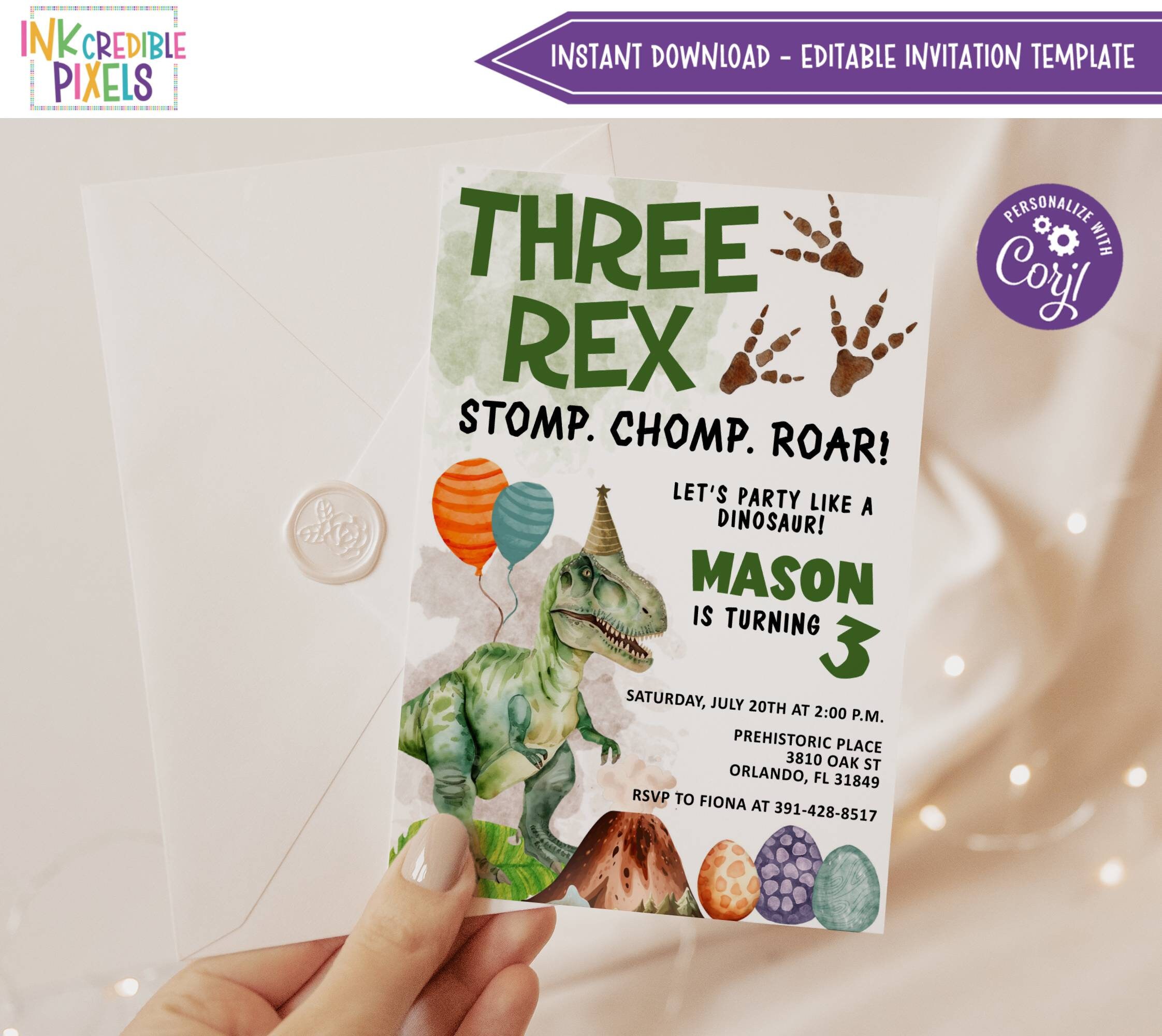 Printable Three Rex Dinosaur Birthday Party Invitation, Editable ANY ...