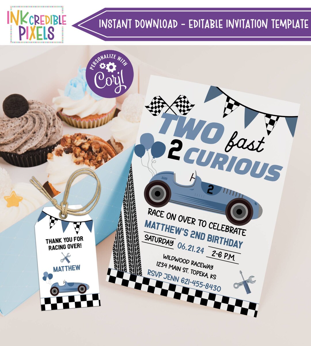 Printable Two Fast 2 Curious Birthday Invitation, Two Fast Race Car ...