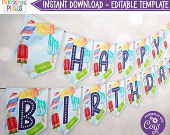 Happy Birthday Banner, PRINTABLE, Summer Party Decor, Summer Birthday ...