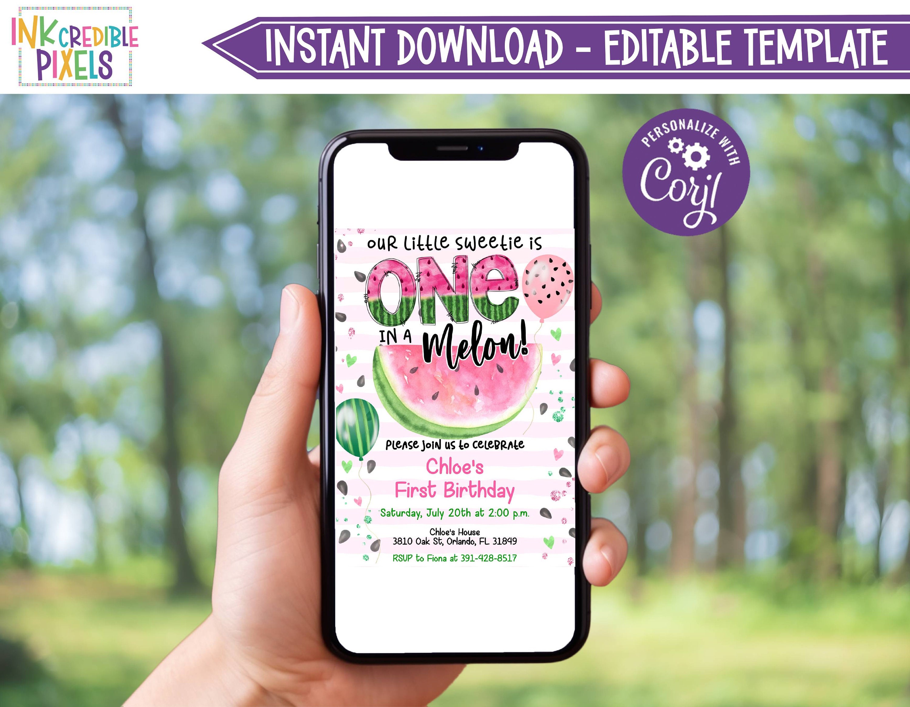 Printable Watermelon Birthday Invitation, One in a Melon 1st Birthday ...