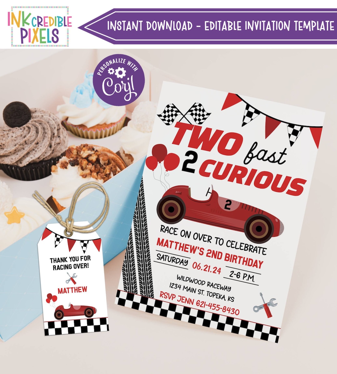 Printable Two Fast 2 Curious Birthday Invitation, Two Fast Race Car ...