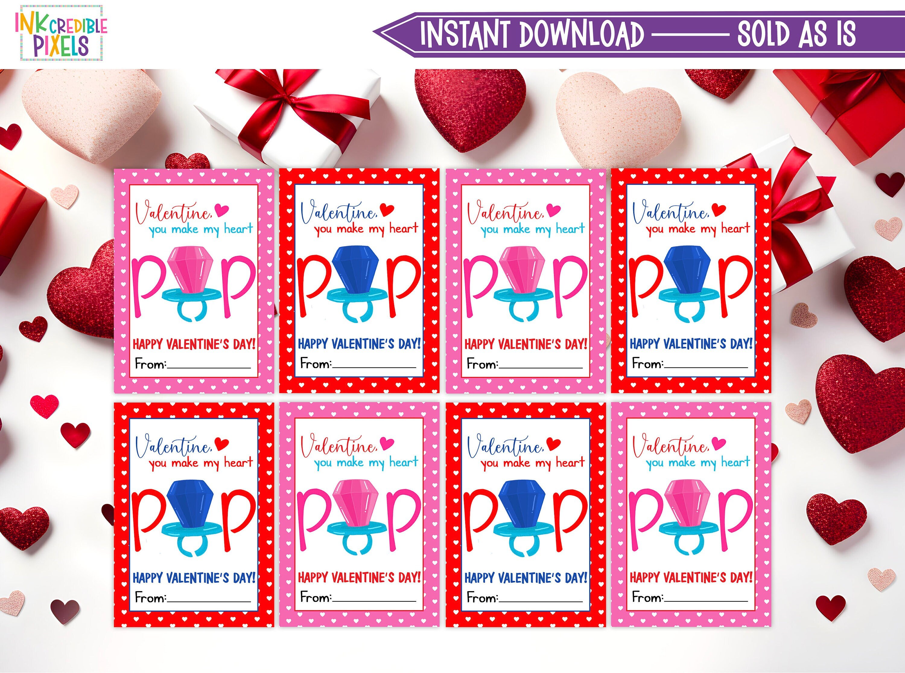 Printable Ring Pop Valentine's Day Cards, Valentine's Day Gift Tags ...
