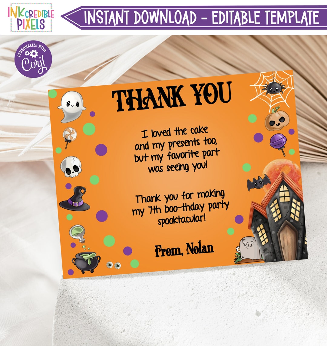 Editable Halloween Party Thank You Card, Halloween Birthday Thank You ...