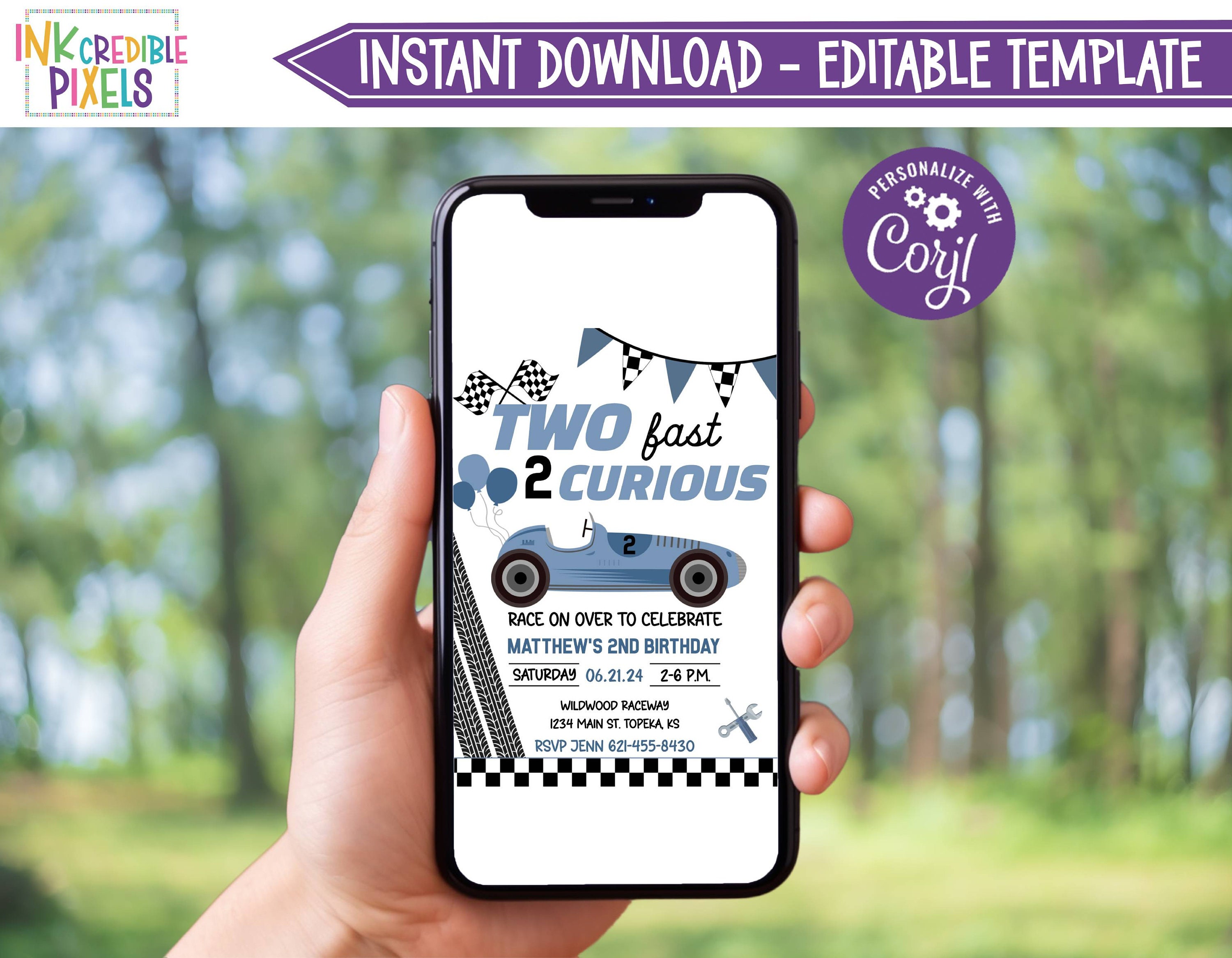 Printable Two Fast 2 Curious Birthday Invitation, Two Fast Race Car ...
