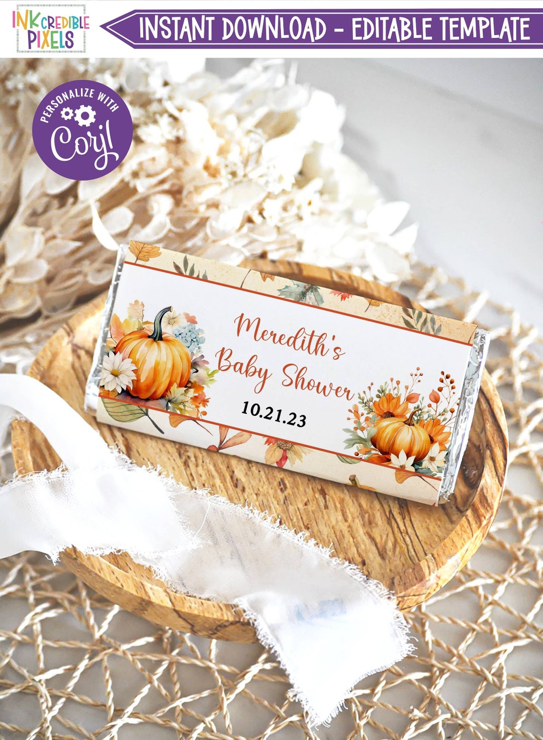 Editable Pumpkin Candy Bar Wrapper, Pumpkin Baby Shower Chocolate Bar ...