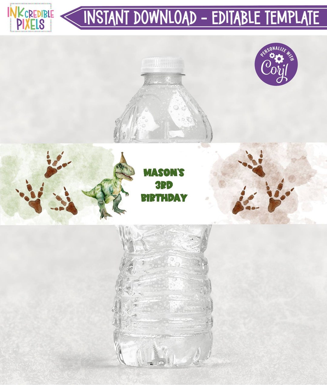 Editable Dinosaur Water Bottle Label, Prehistoric Three Rex Party ...