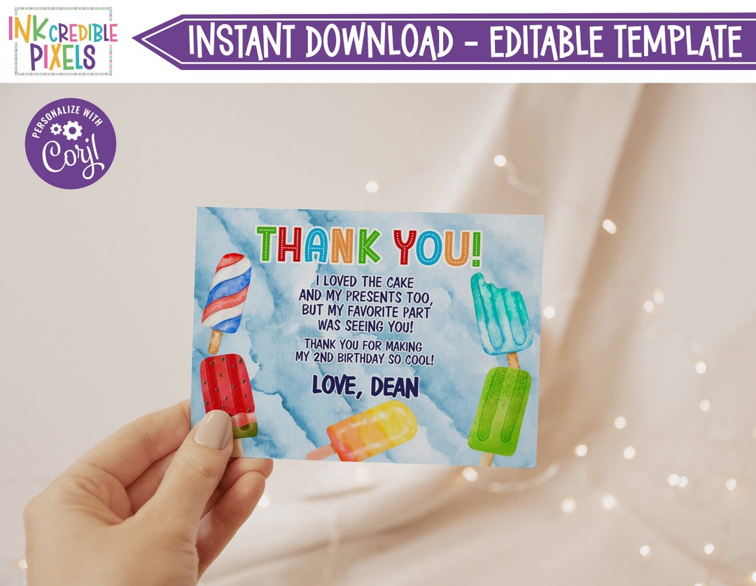 Editable Popsicle Thank You Card, Popsicle Thank You Note, Summer Thank ...