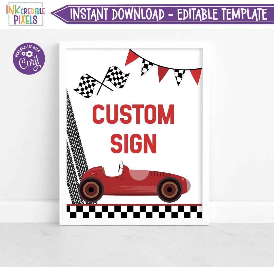 Race Car Birthday Custom Party Sign, Racing Car Printable Birthday ...