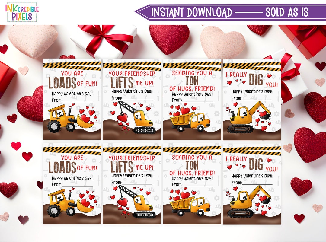 Printable Construction Valentine's Day Cards, Valentine's Day Gift Tags ...