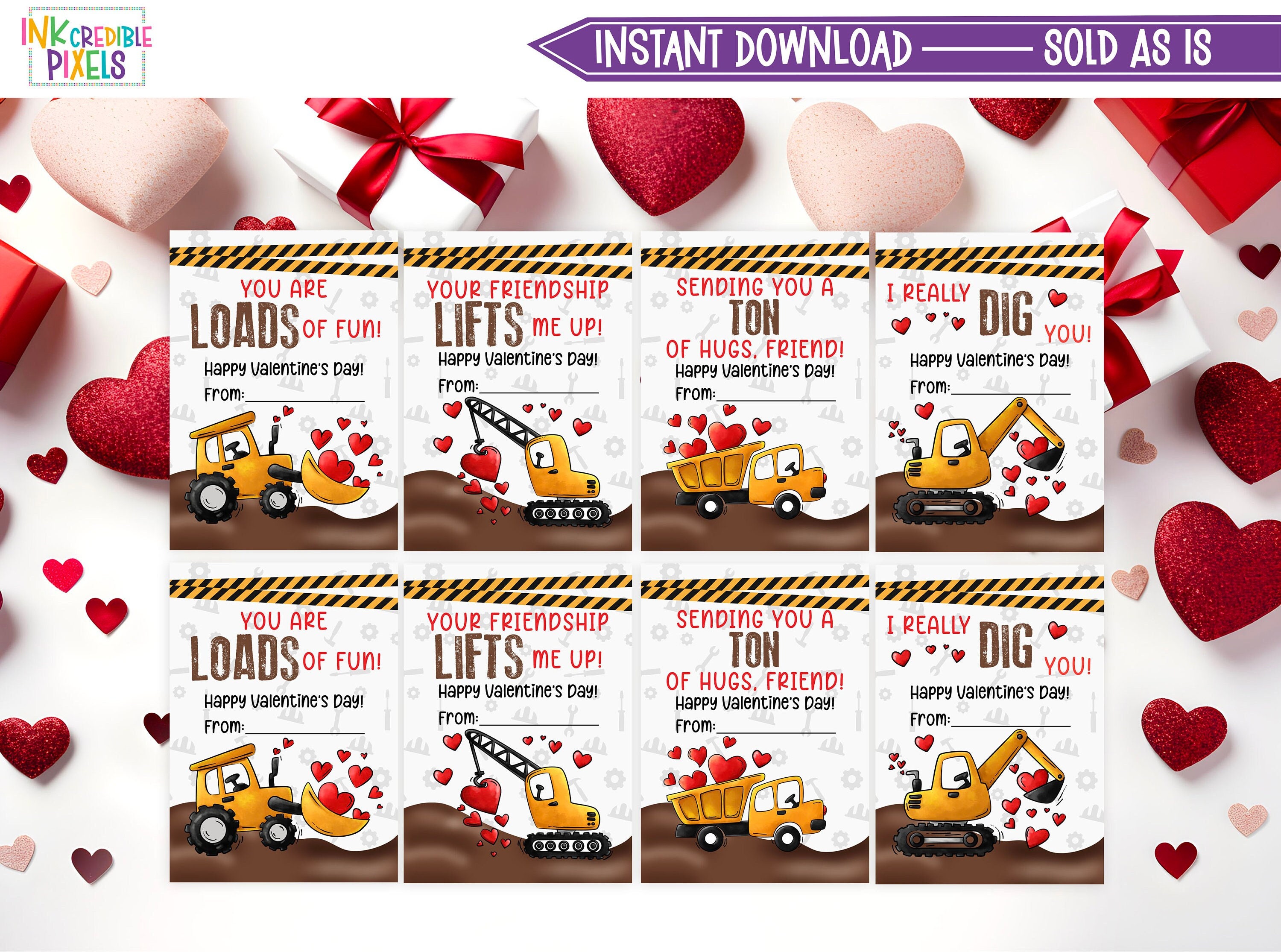 Printable Construction Valentine's Day Cards, Valentine's Day Gift Tags ...