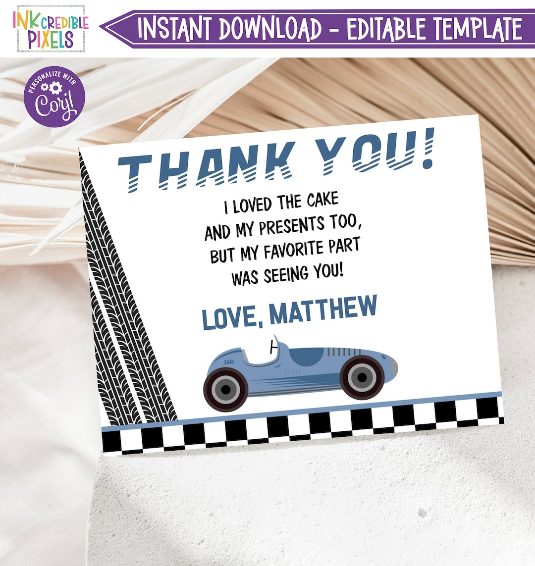 Printable Blue Race Car Thank You Card, Vintage Car Thank You Note ...