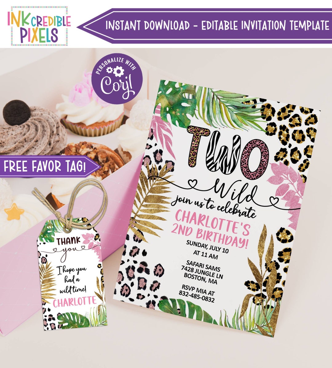 Printable Two Wild Leopard Print Jungle Birthday Party Invitation ...