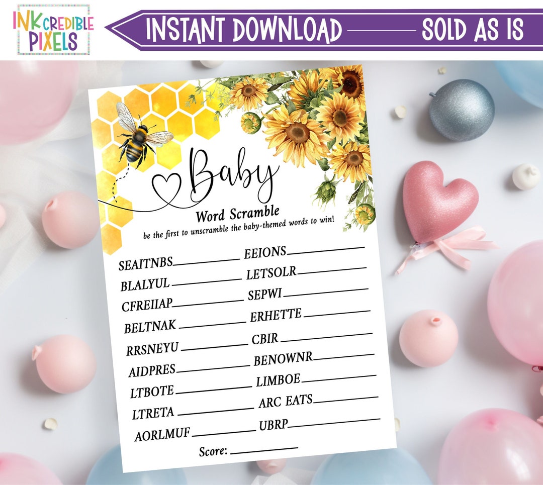 Honey Bee Baby Shower Game, Baby Shower Word Scramble, Word Scramble ...