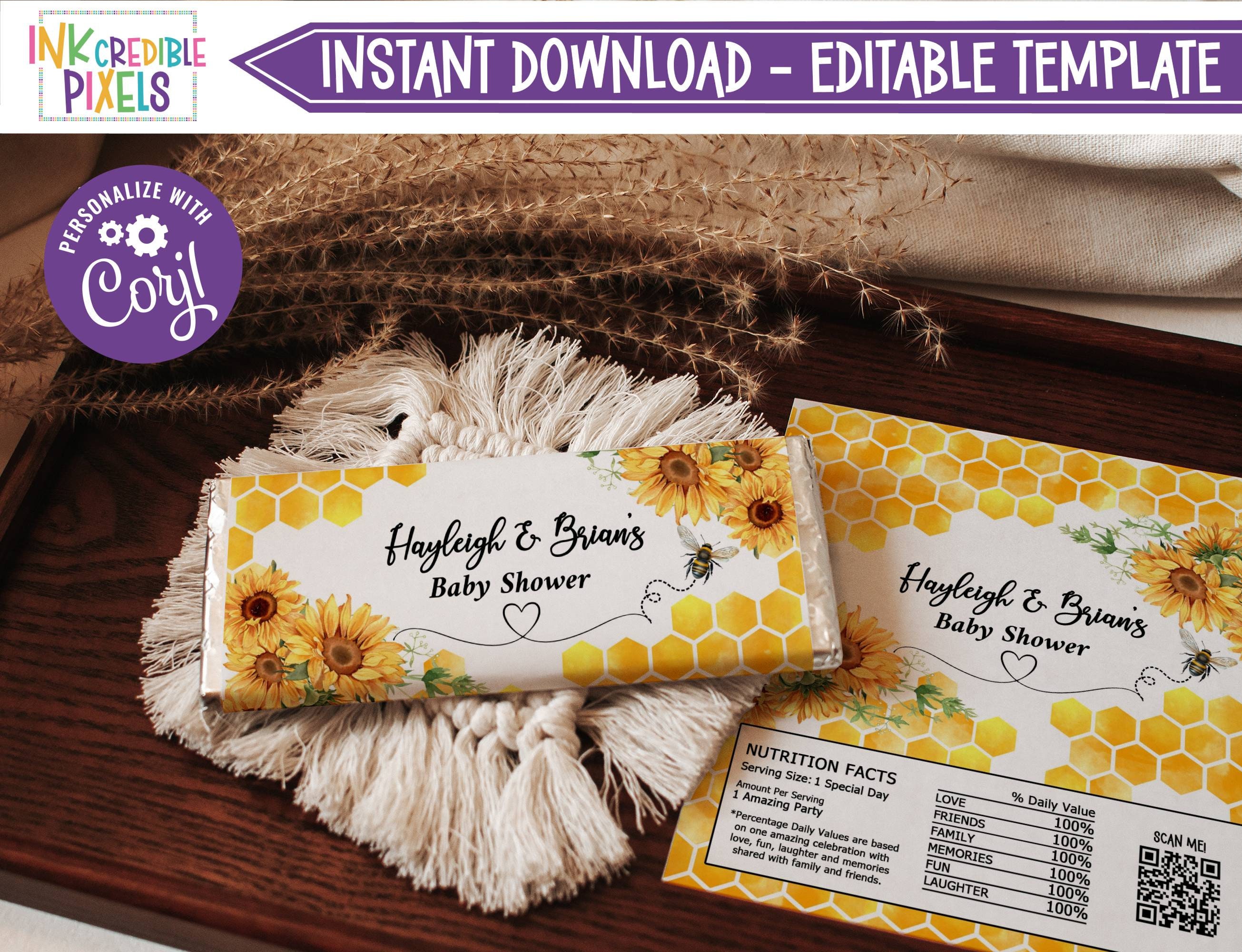Editable Bee Candy Bar Wrapper, Sunflower Bee Chocolate Bar Wrapper ...