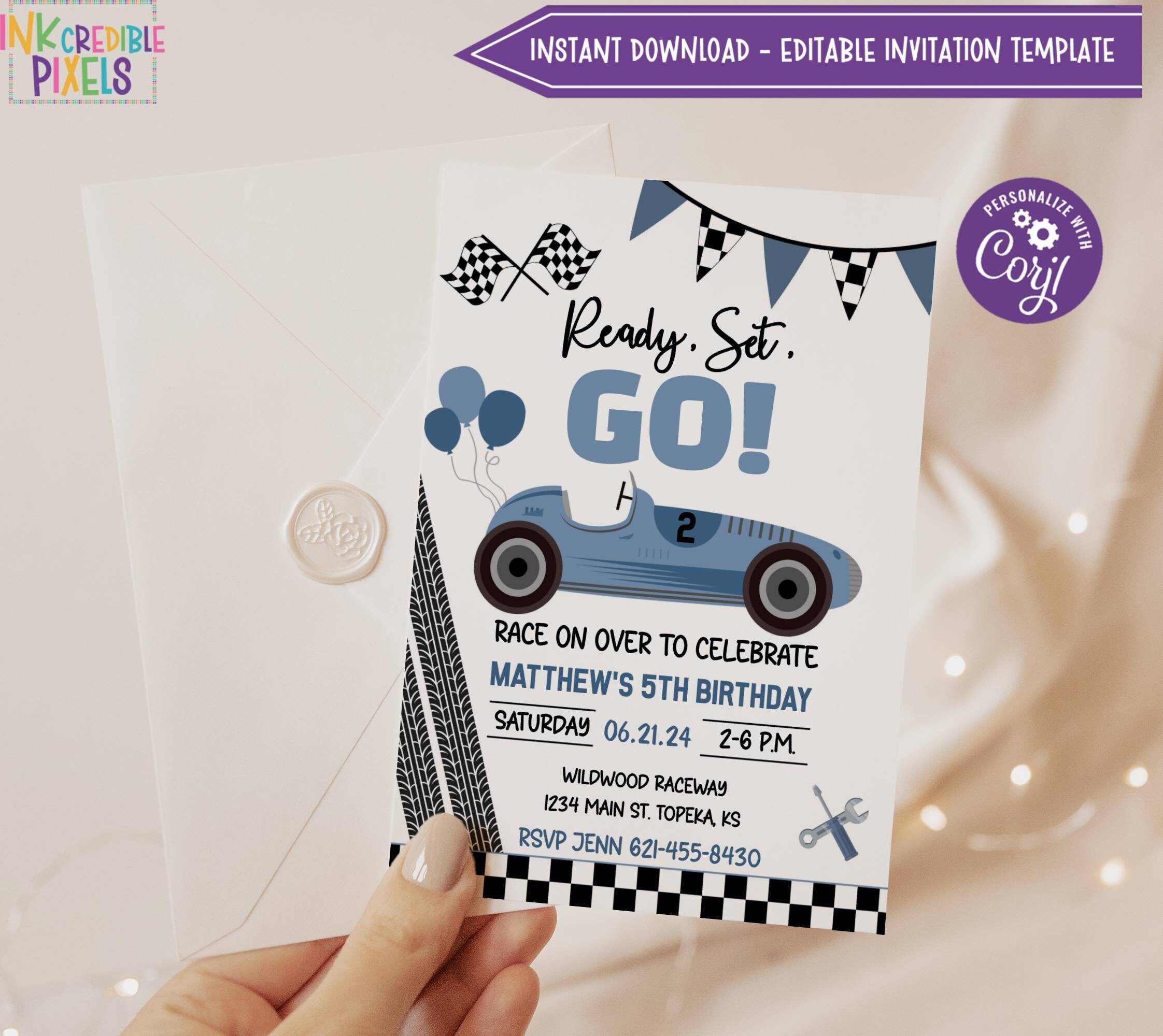 Printable Blue Race Car Birthday Invitation, Race Car Invitation ...