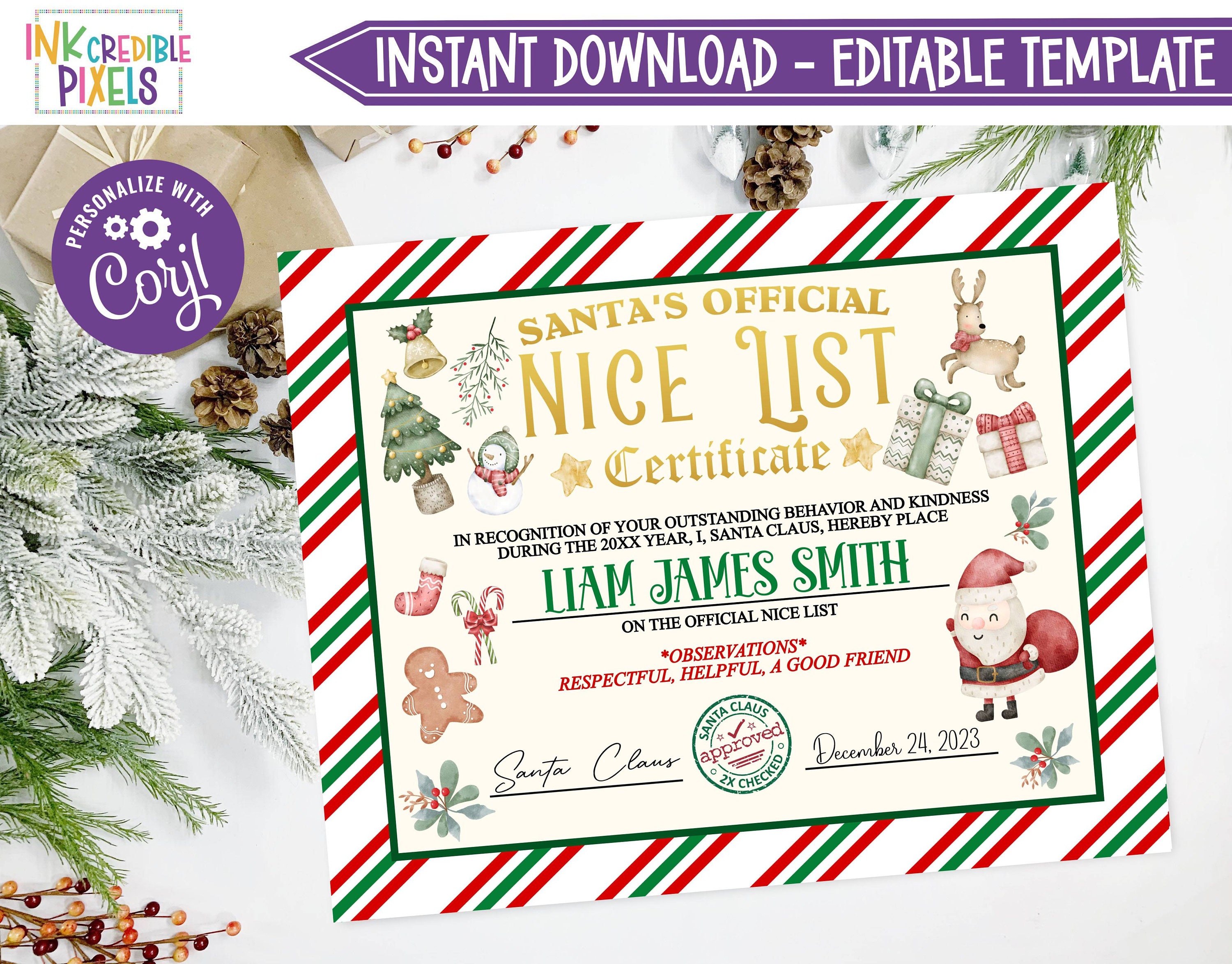 Editable Nice List Certificate From Santa Claus, Printable Nice List ...