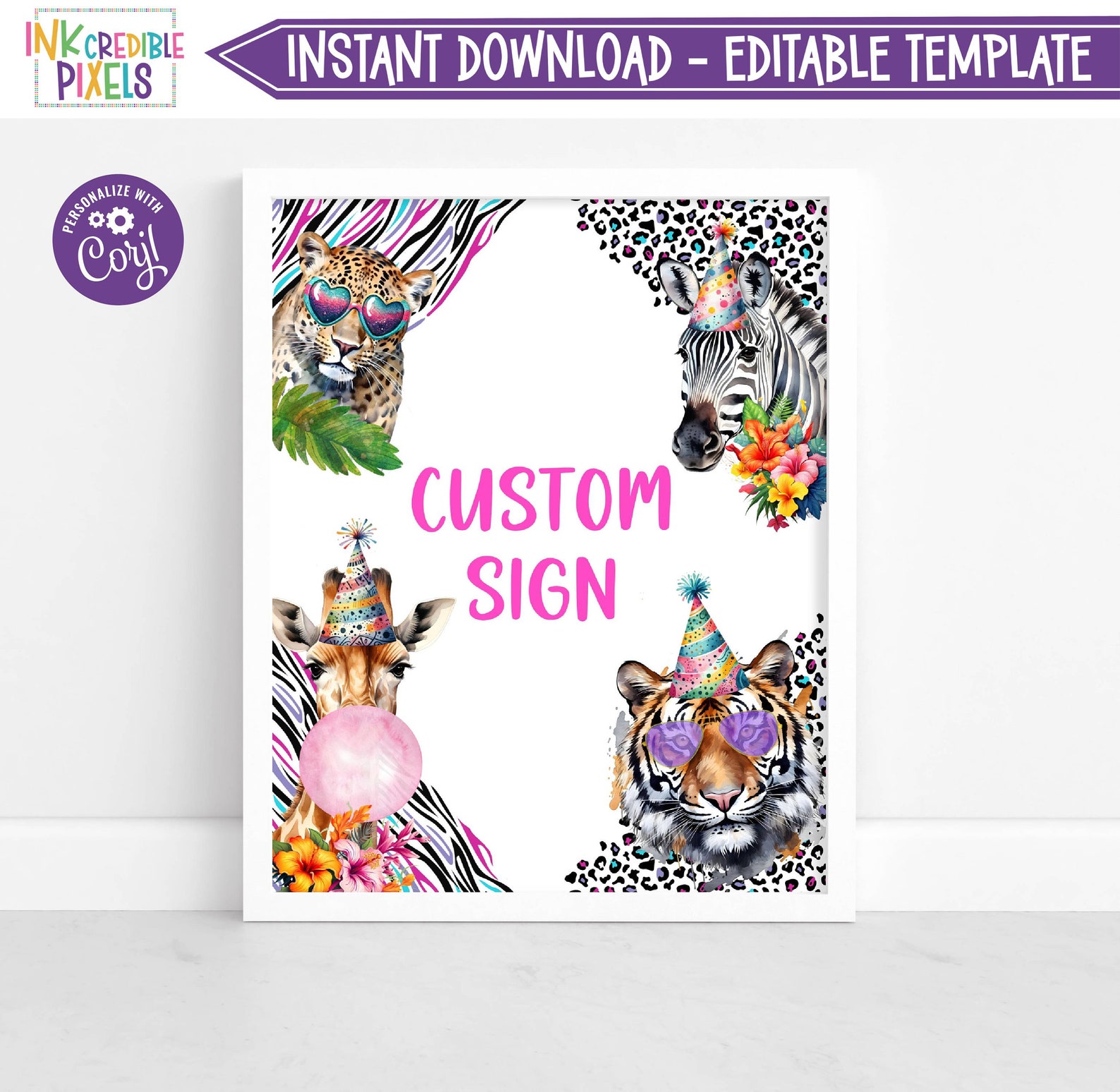 Printable Party Animals Leopard Print Custom Party Sign, Rainbow ...