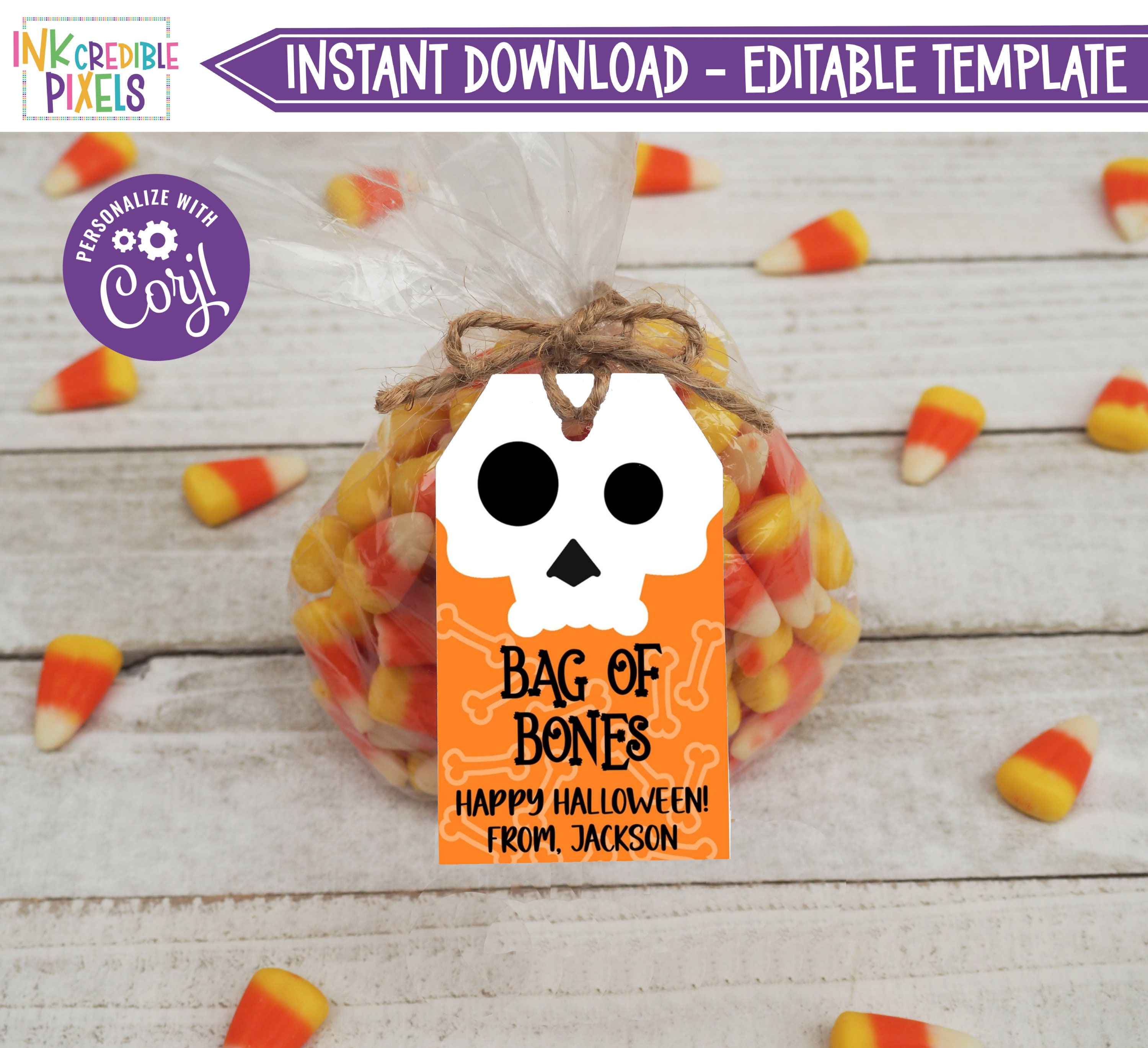 Editable Halloween Party Favor Tag, Halloween Treat Tag, Skull Bag of ...