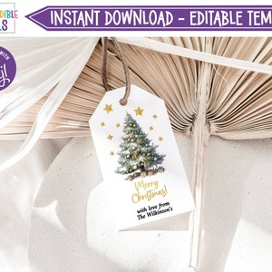 Printable Merry Christmas Gift Tag, Gold Christmas Tree Tag, Christmas ...