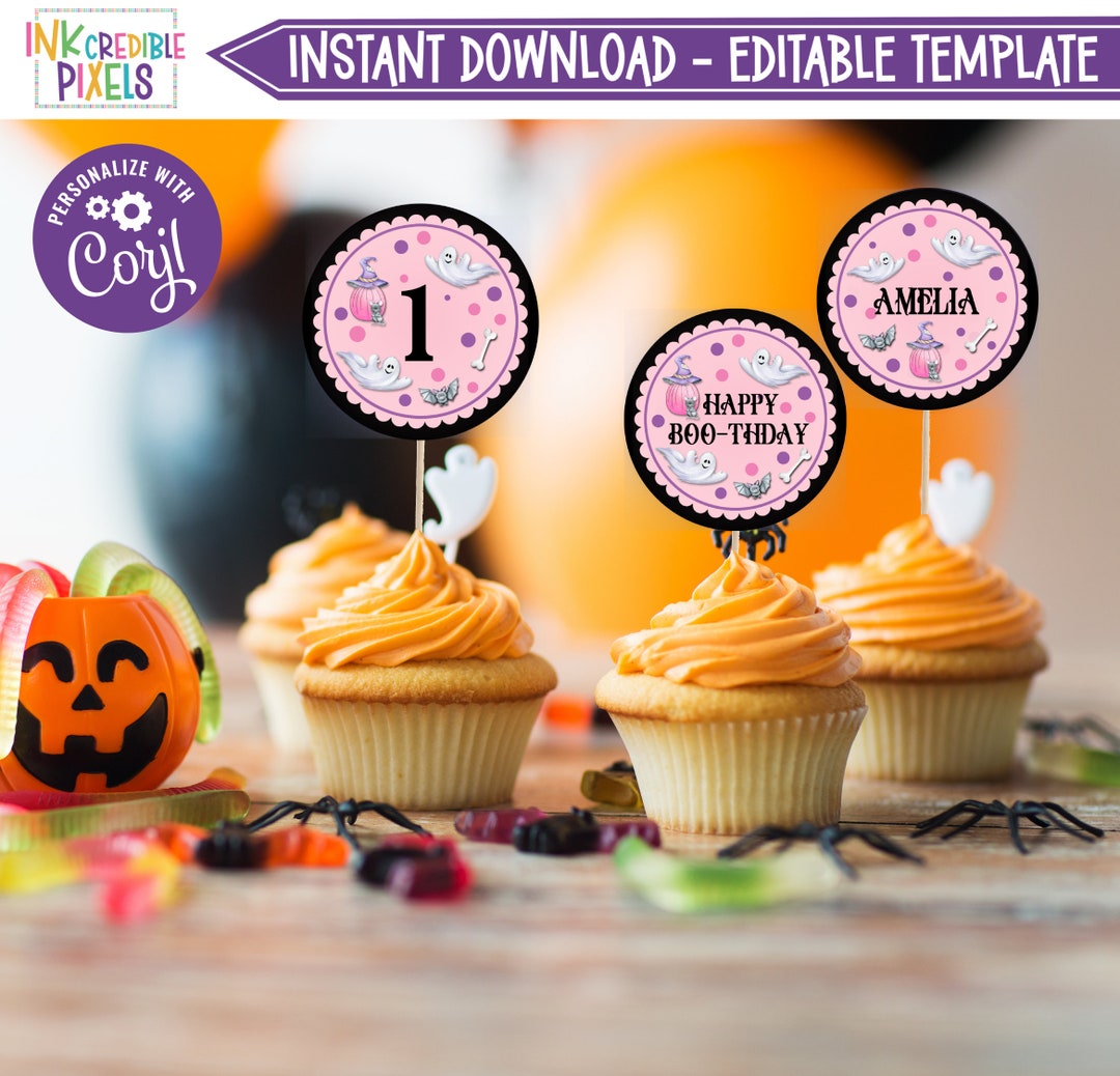 Editable Pink Halloween Party Cupcake Toppers, Spooky One Birthday ...