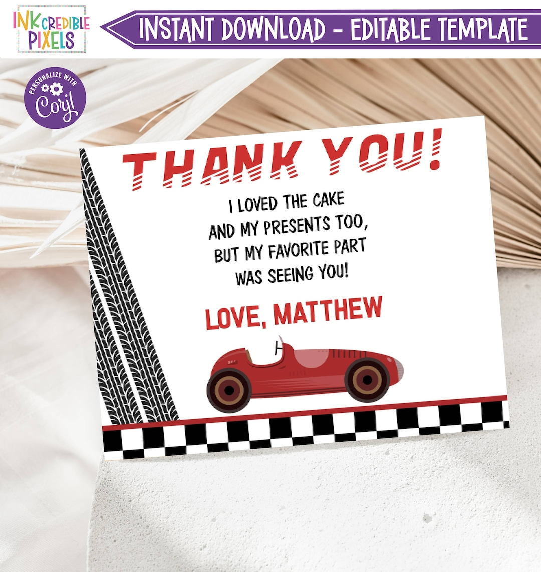 Printable Race Car Thank You Card, Vintage Car Thank You Note, Racing Car Thank You, Download ...