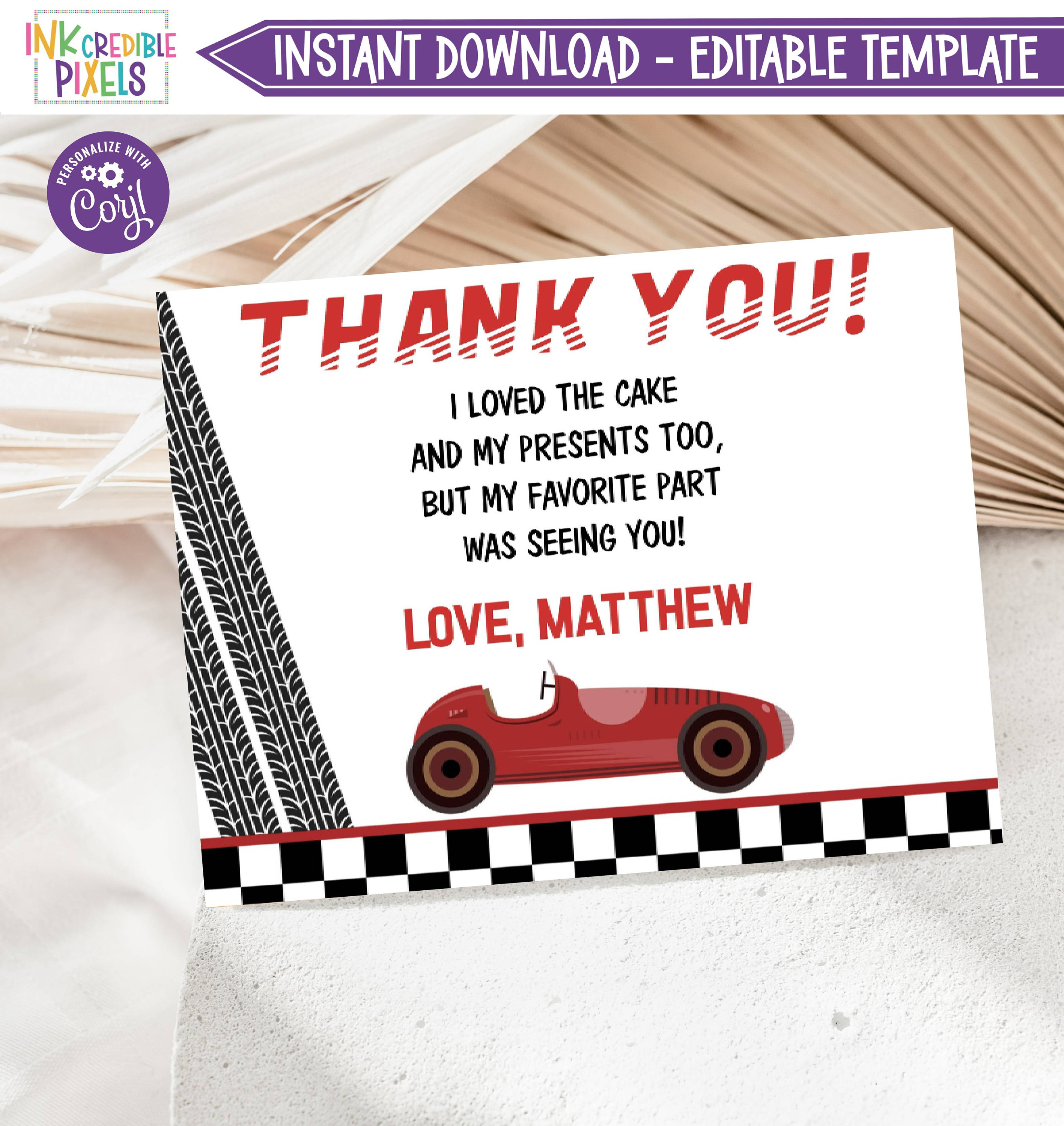 Printable Race Car Thank You Card, Vintage Car Thank You Note, Racing ...
