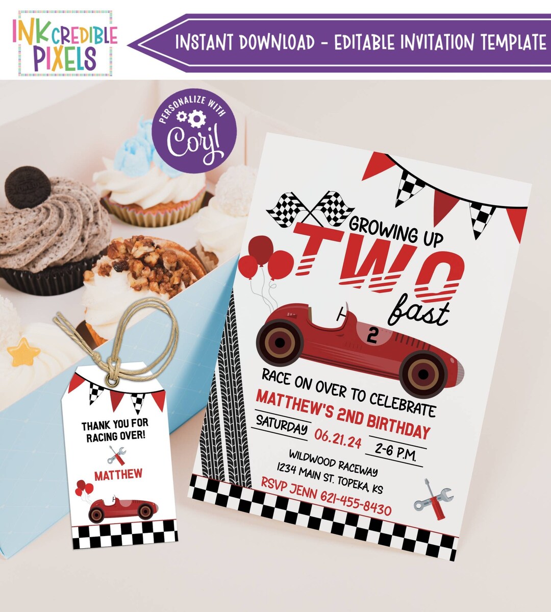 Two Fast Birthday Invitation, Vintage Race Car, Editable (digital ...