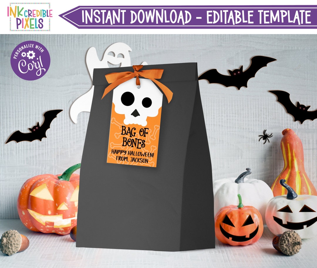 Editable Halloween Party Favor Tag, Halloween Treat Tag, Skull Bag of ...