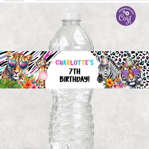 Editable Party Animals Leopard Print Jungle Water Bottle Label, Rainbow ...