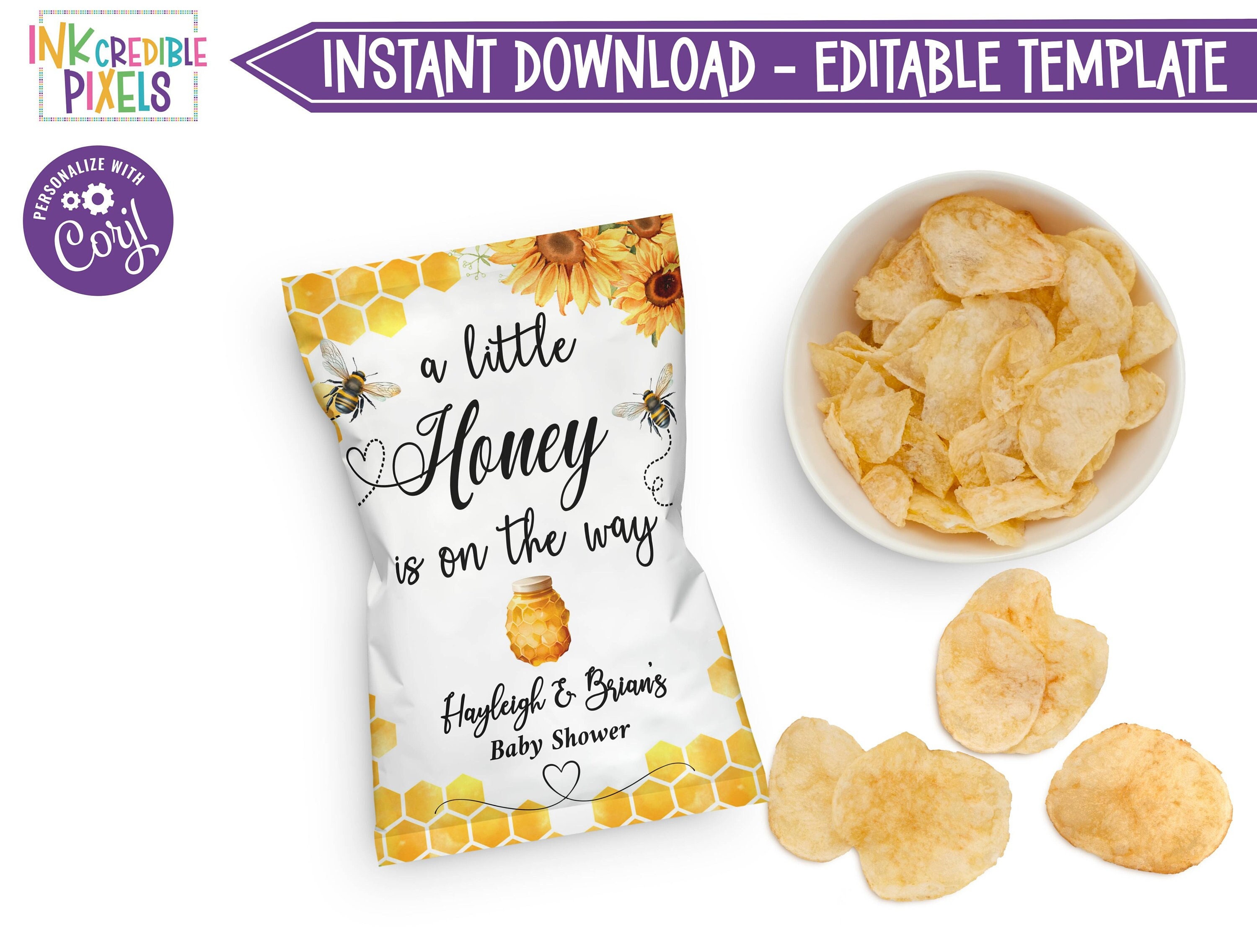 Editable Bee Chip Bag Wrapper, Bee Baby Shower Chip Bag Wrapper, Snack ...