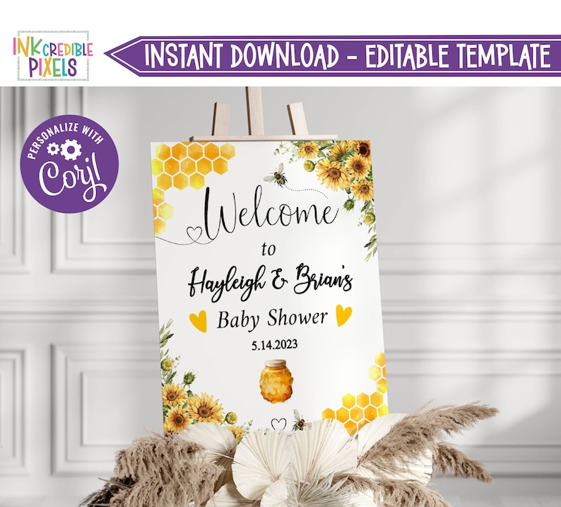 Editable Bee Welcome Sign, Bee Birthday Welcome Sign, Baby Shower Party ...