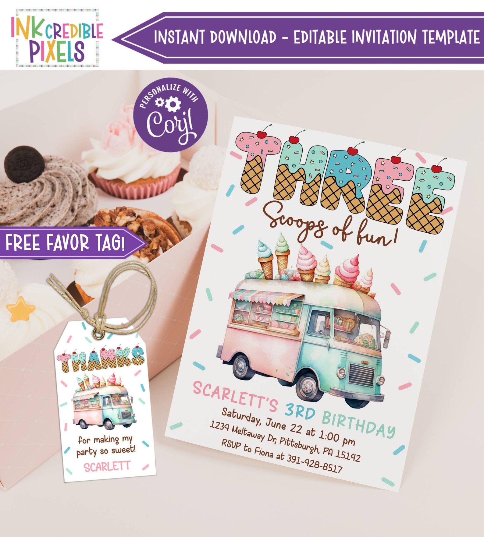 Printable Ice Cream THREE Scoops of Fun Birthday Party Invitation ...
