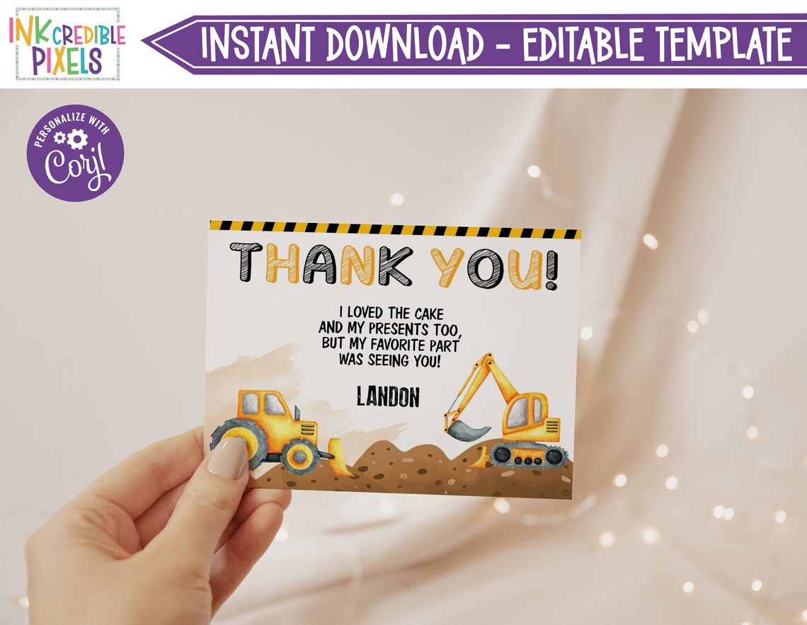 Printable Construction Thank You Card, Construction Birthday Thank You ...