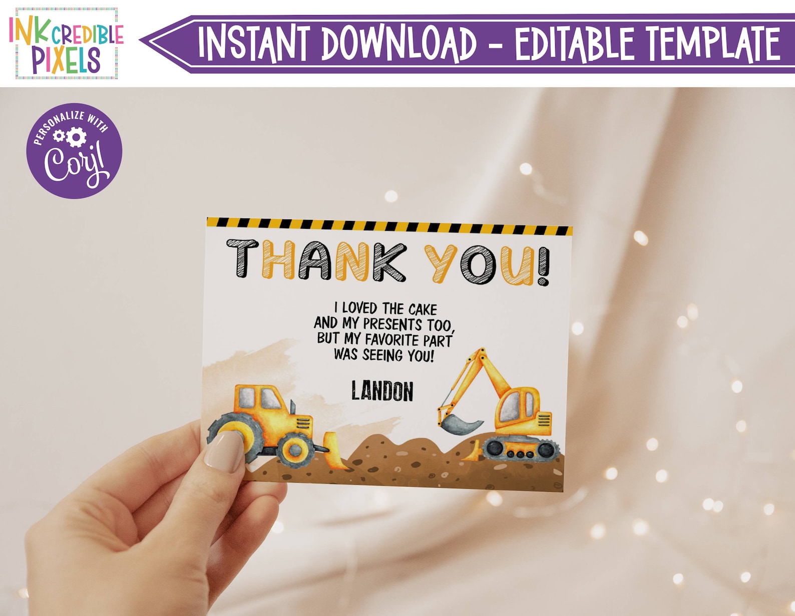 Printable Construction Thank You Card, Construction Birthday Thank You ...