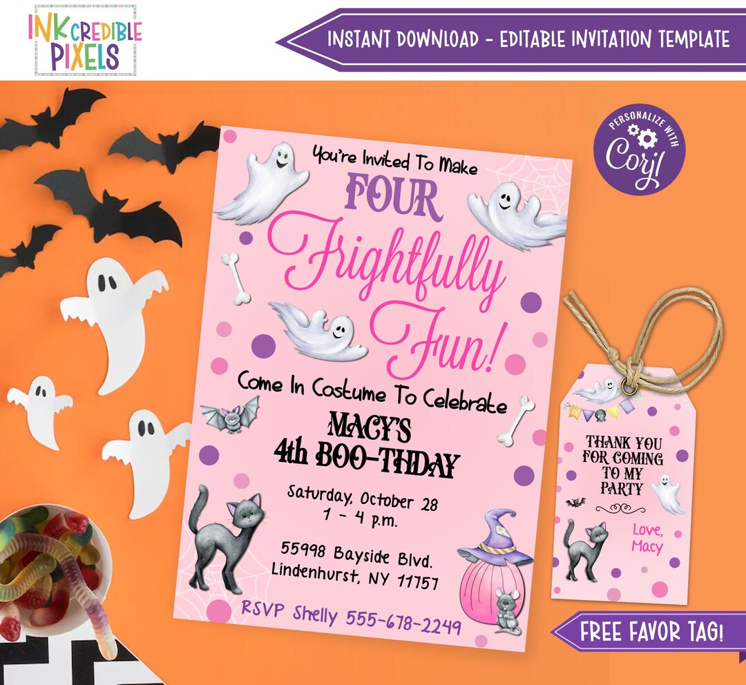 Editable Four Frightfully Fun Halloween Birthday Party Invitation ...